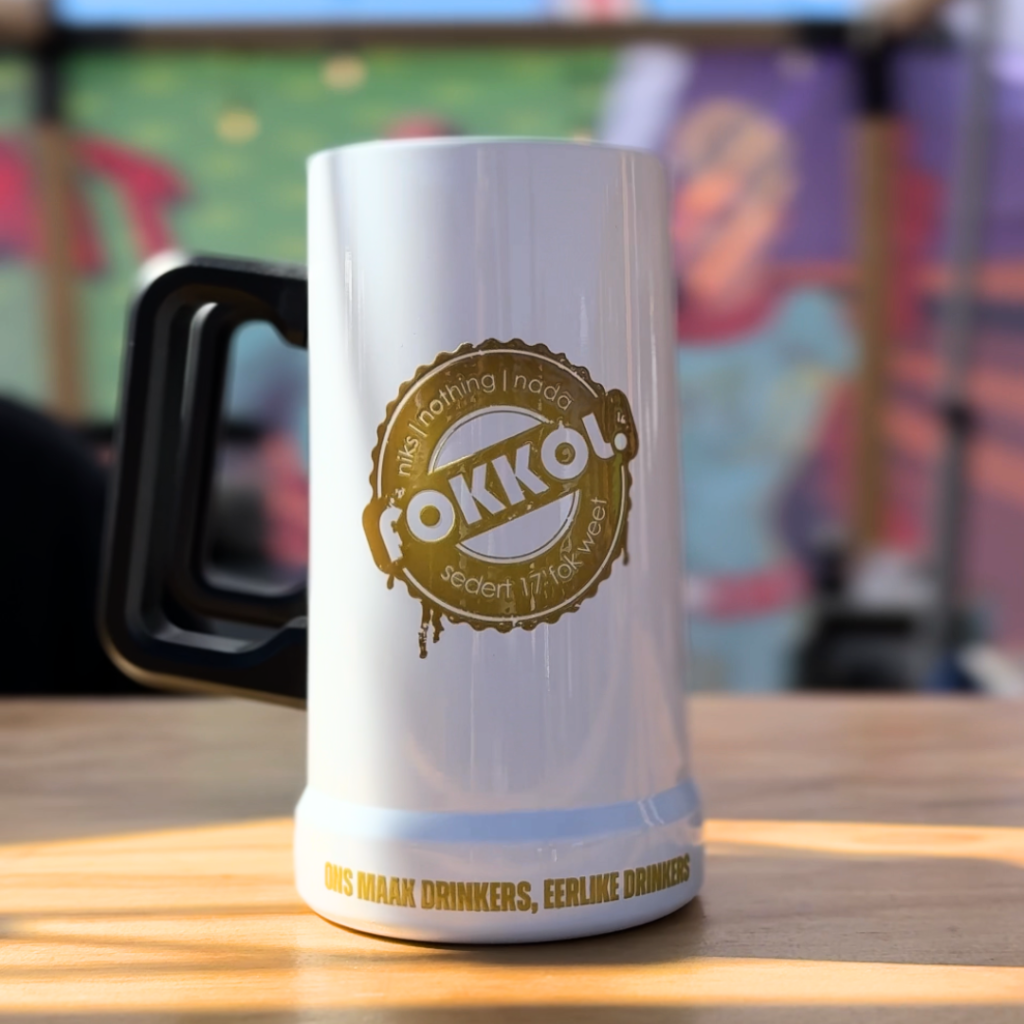 BEER MUG - WIT - fOKKOL SOOS BRAAI, BIER & RUGBY - fOKKOL